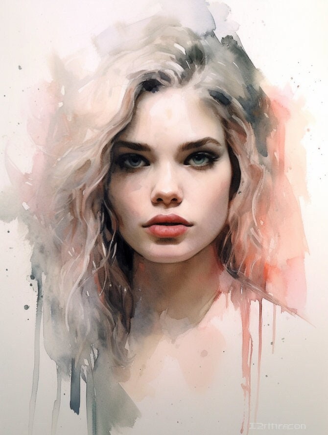 Watercolor Portrait Woman Pink Etsy