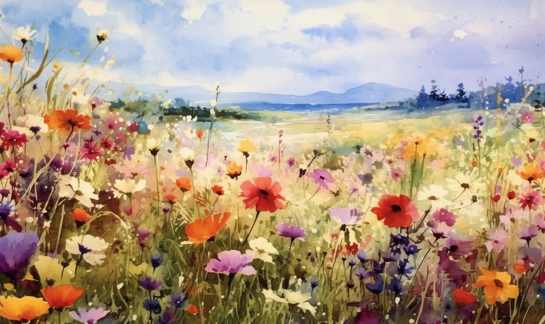 Watercolor Field of Flowers - Etsy