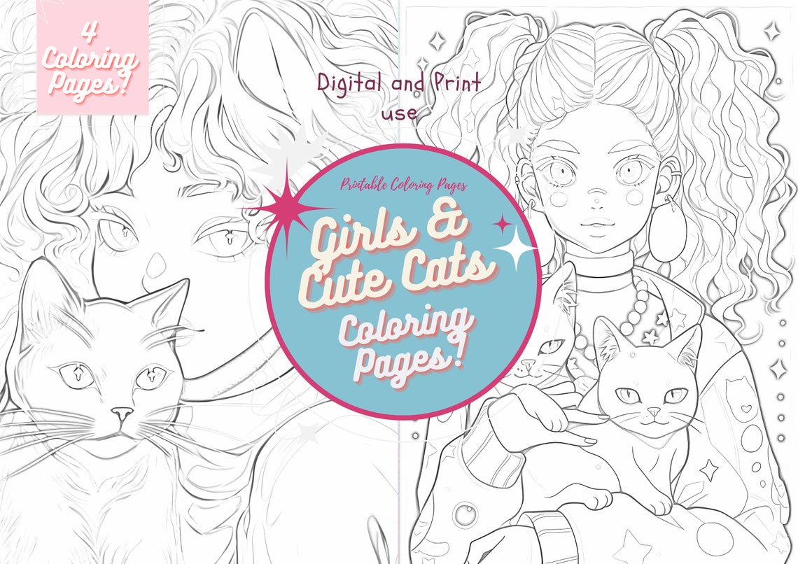 4 Cute Cats Girls Coloring Pages, Chibi Girls Coloring Pages, Witchy ...