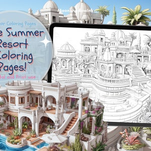 5 Summer Beach Pool Coloring Pages, Cute Summer Architecture Coloring ...