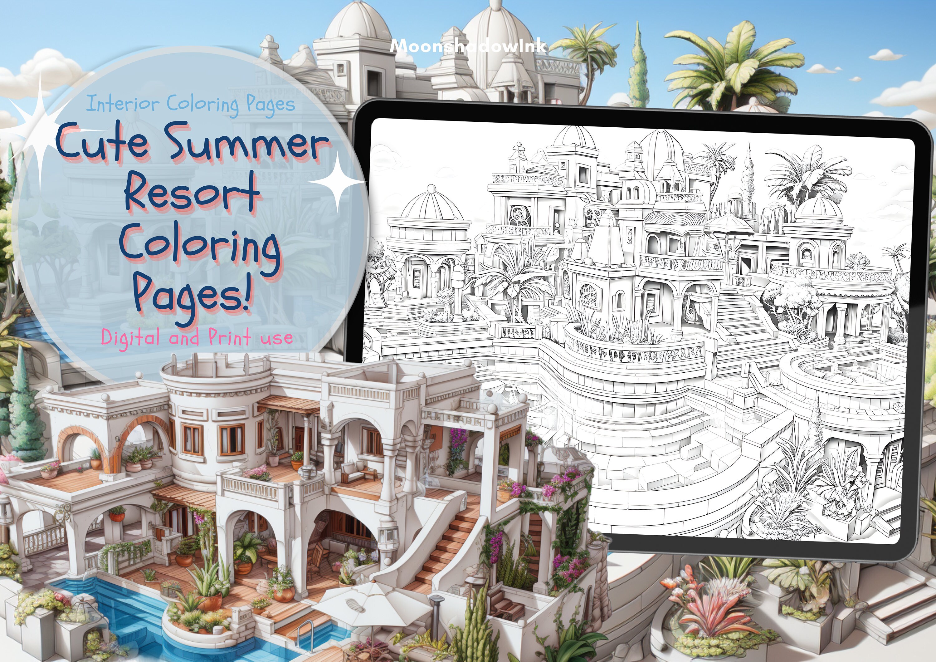 5 Summer Beach Pool Coloring Pages, Cute Summer Architecture Coloring ...