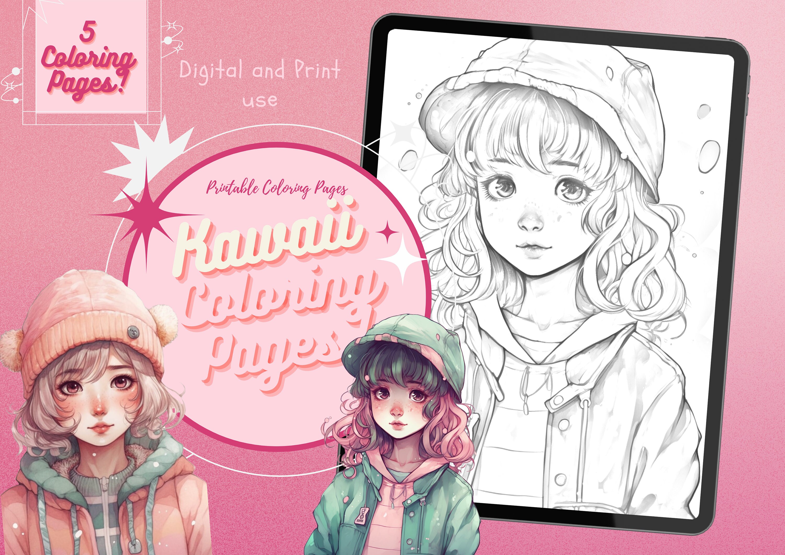 5 Kawaii Coloring Pages, Cute Kawaii Coloring Pages, Chibi Girls ...