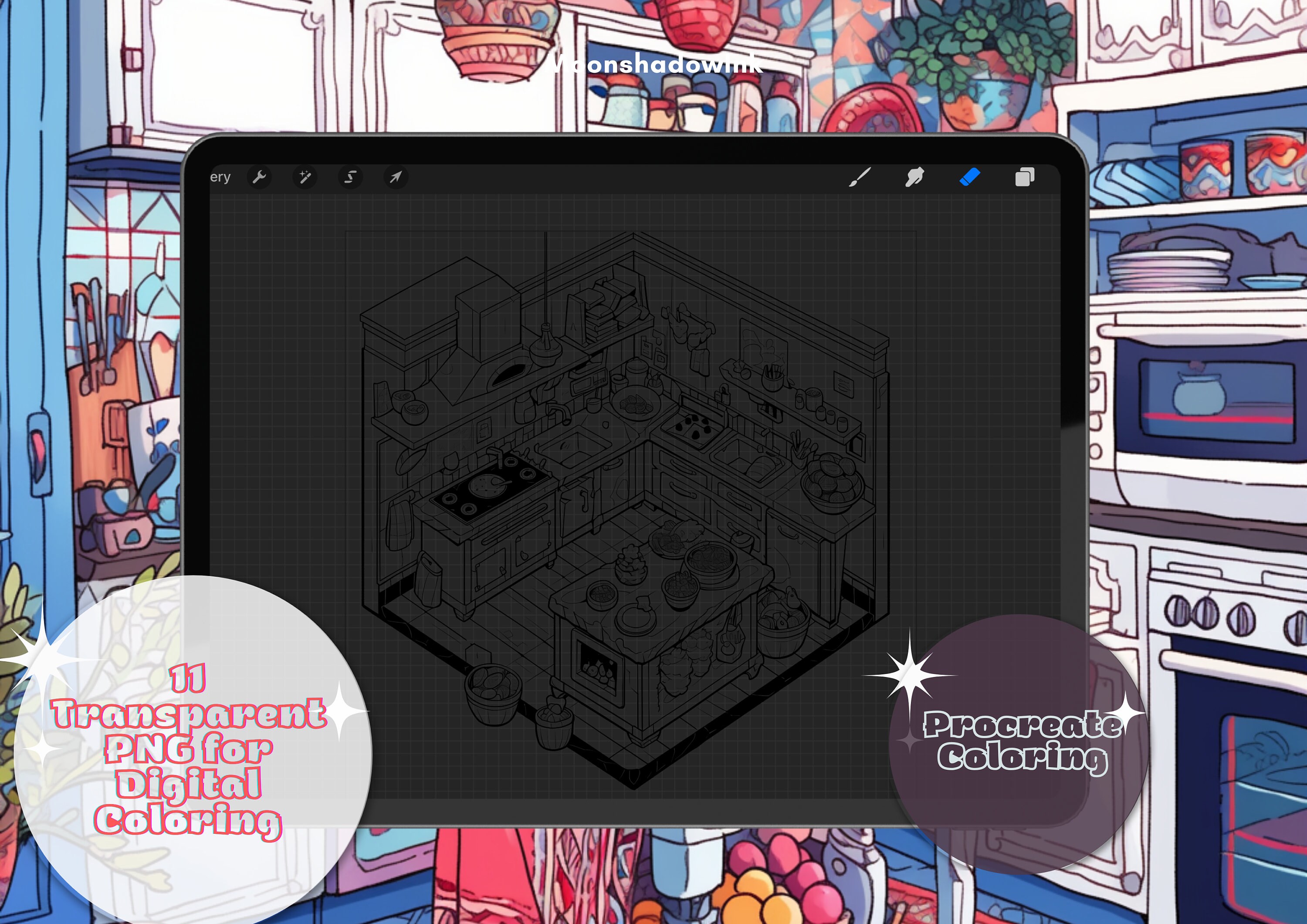 11 Interior Room Coloring Pages Procreate Isometric Kitchen - Etsy