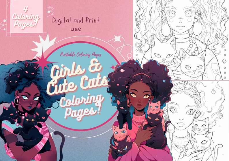 4 Cute Cats Girls Coloring Pages, Chibi Girls Coloring Pages, Witchy ...