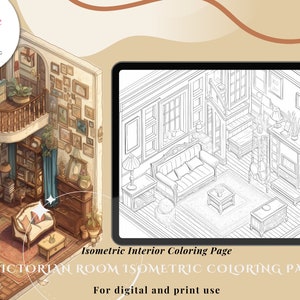 3 Isometric Room Coloring, Victorian Room Coloring Pages, Cozy Interior ...