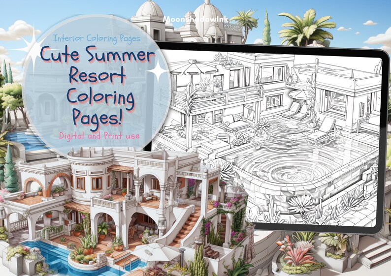 5 Summer Beach Pool Coloring Pages, Cute Summer Architecture Coloring ...