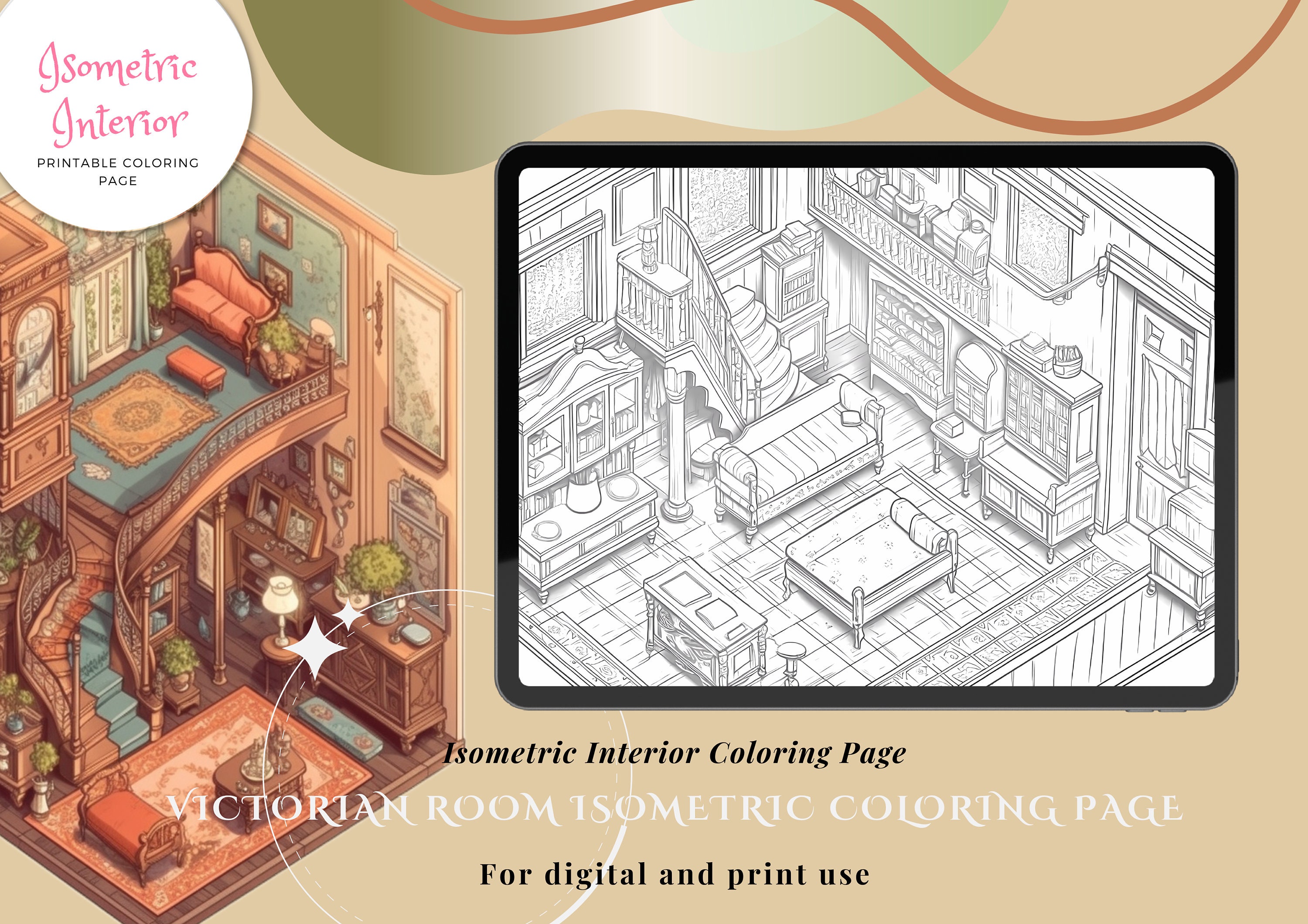 3 Isometric Room Coloring, Victorian Room Coloring Pages, Cozy Interior ...