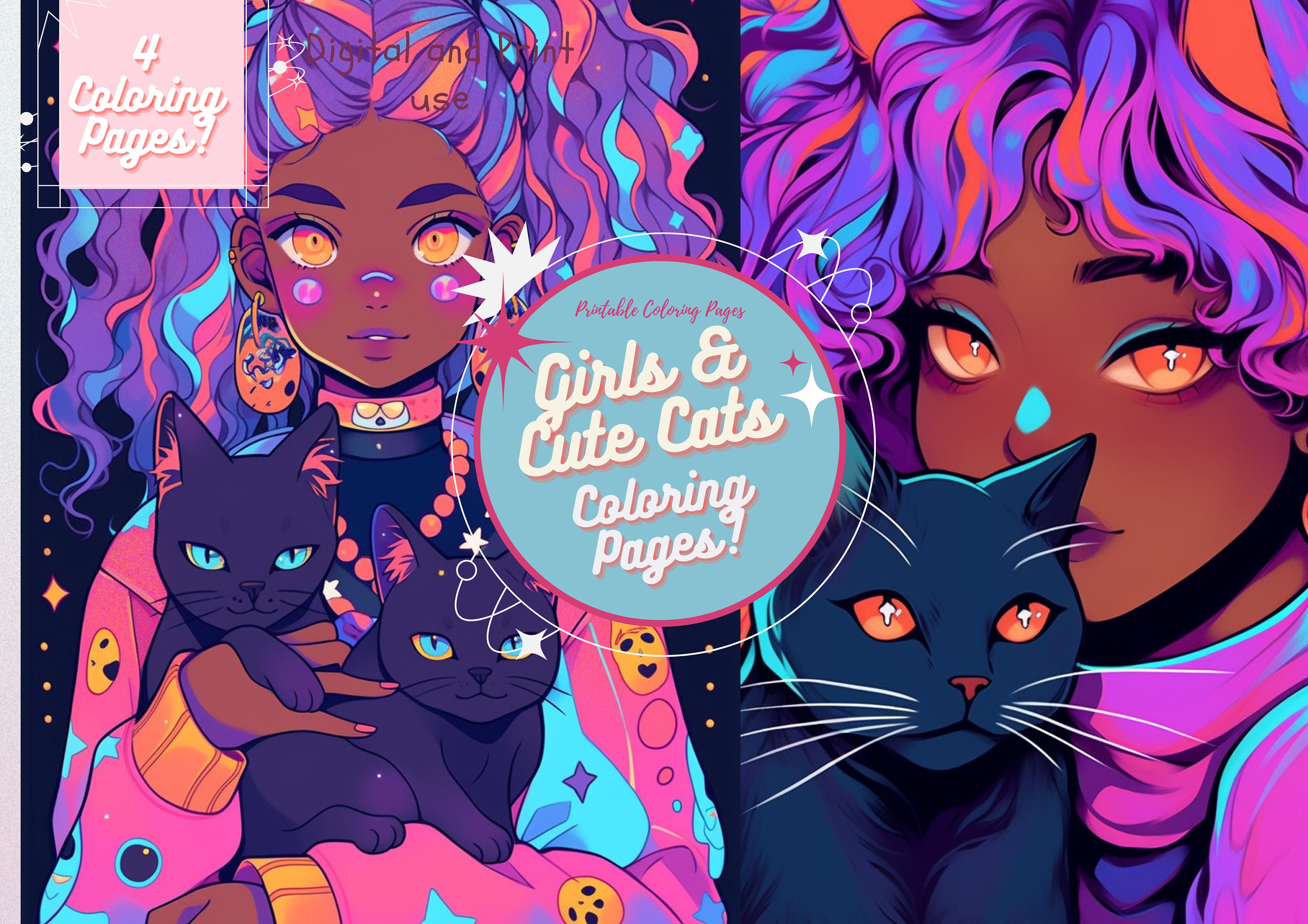 4 Cute Cats Girls Coloring Pages, Chibi Girls Coloring Pages, Witchy ...