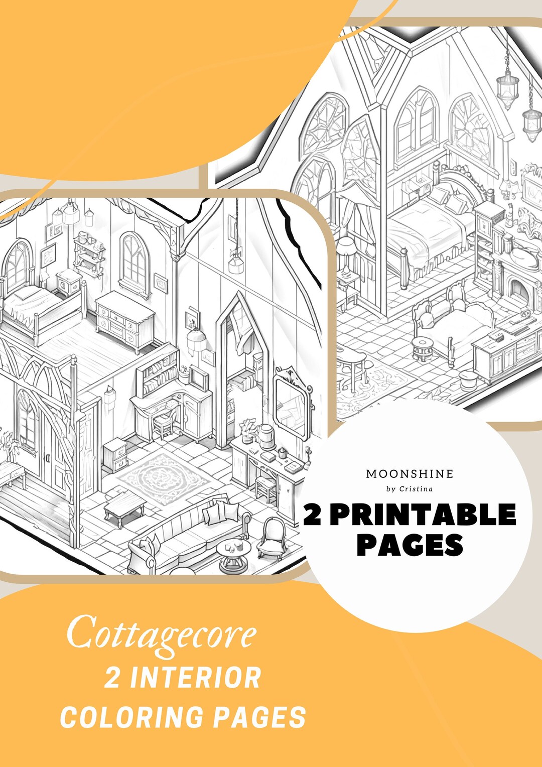 2 Interior Isometric Coloring, Cottagecore Coloring Pages, Cozy ...