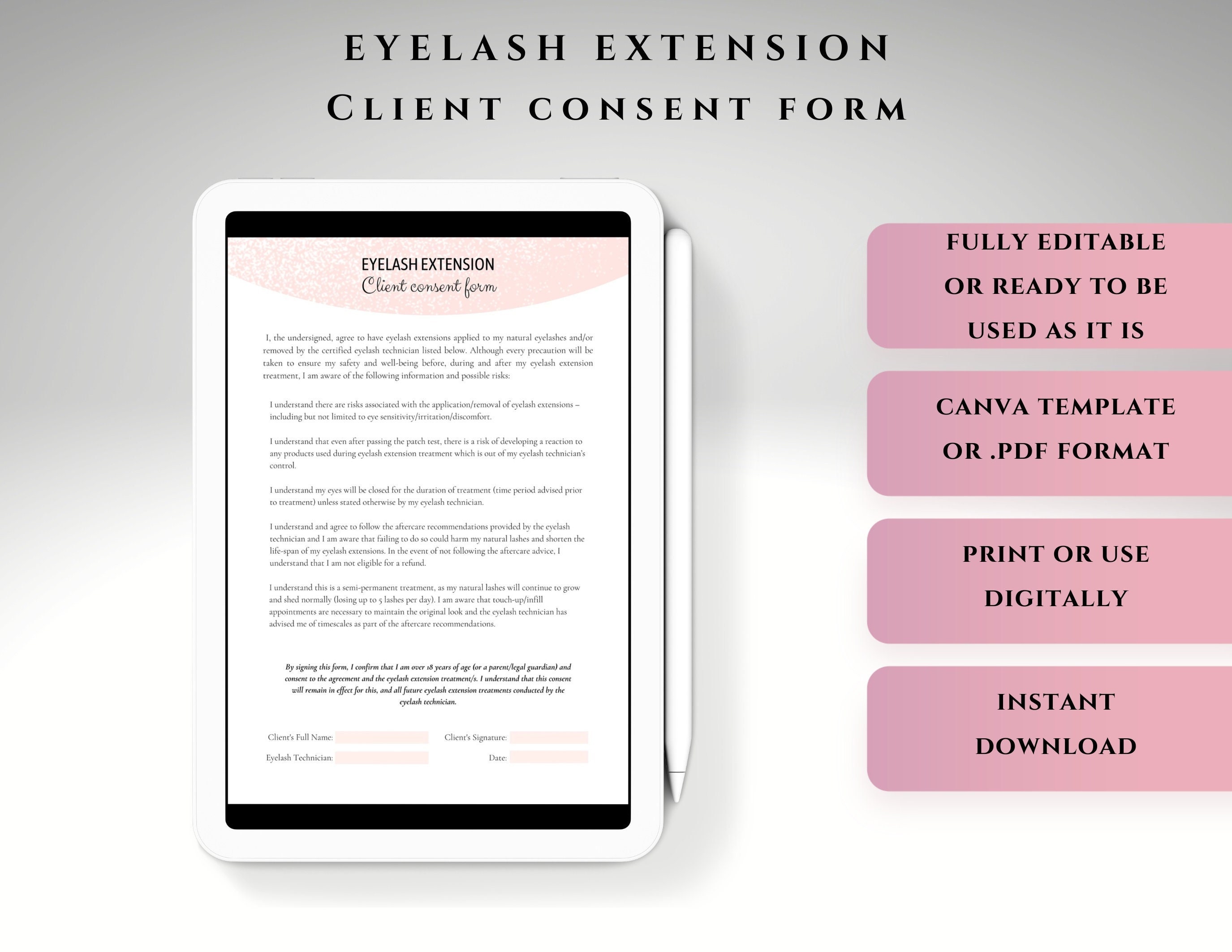Pink Client Consent Form for Lash Tech Digital Download Business Canva Template for Eyelash ...