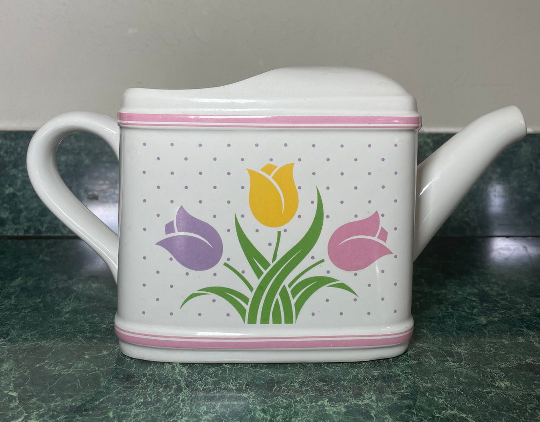 Vintage 1985 Teleflora Ceramic Watering Can Planter Vase With Tulip ...