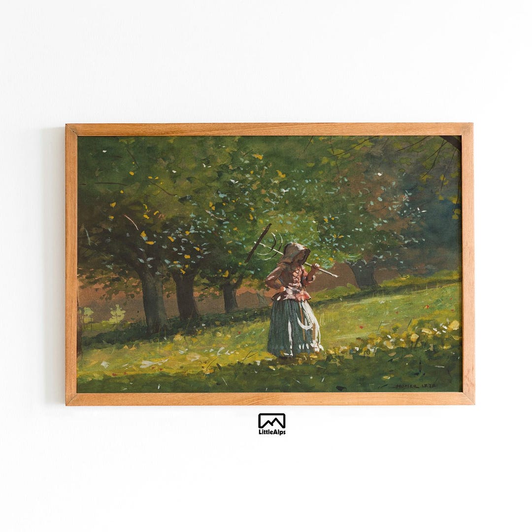 Girl With Hay Rake Painting, Vintage Field Trees Landscape, Women in ...