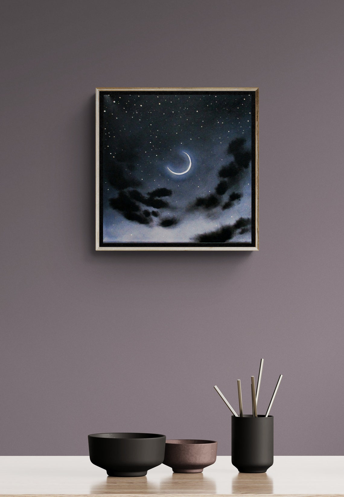 Realistic Dark Night Sky Landscape Crescent Moon Clouds Stars ...