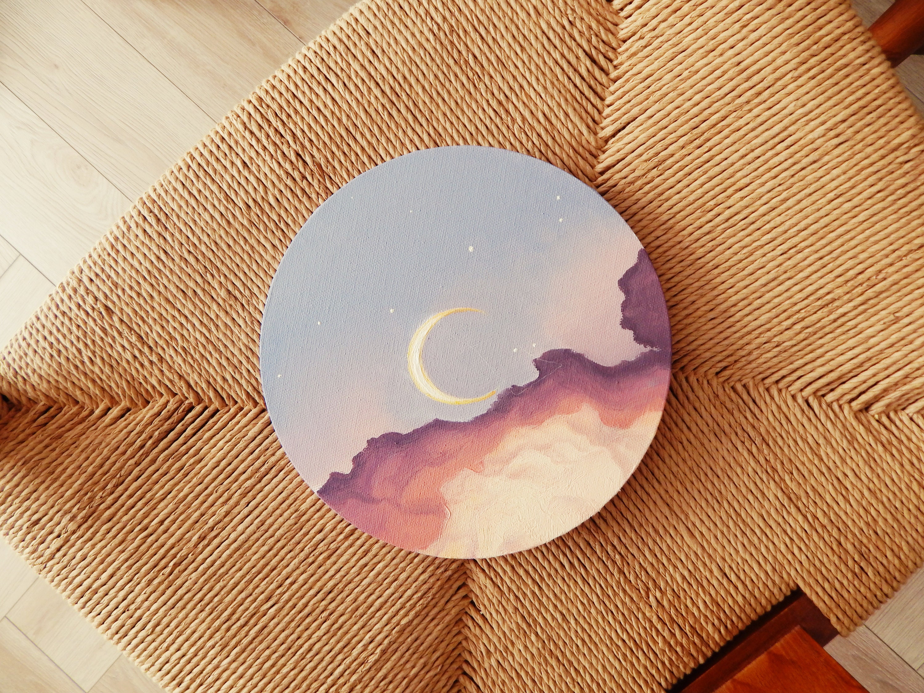 Round Magic Painting With Crescent Moon on Little Canvas Oil Paints Sky ...