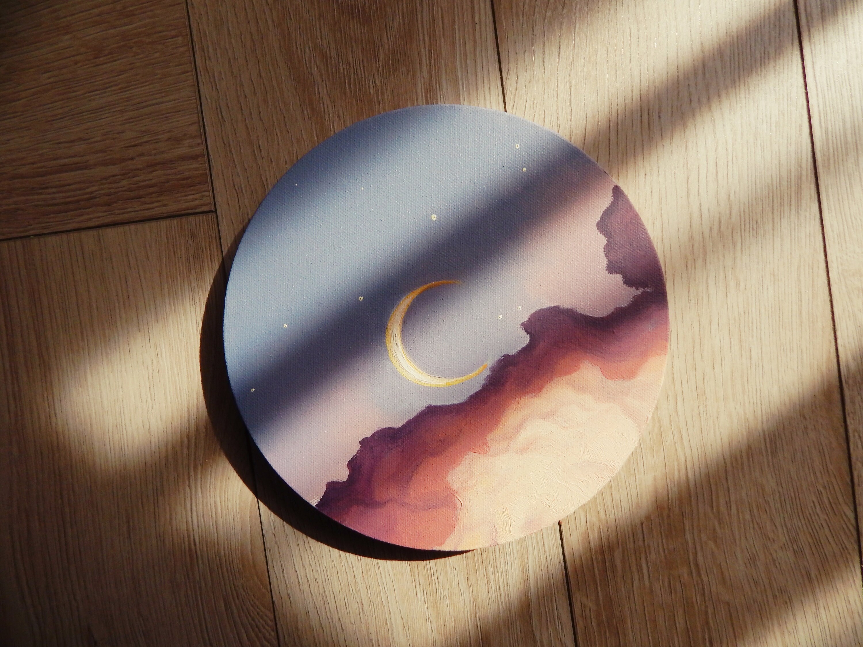 Round Magic Painting With Crescent Moon on Little Canvas Oil Paints Sky ...