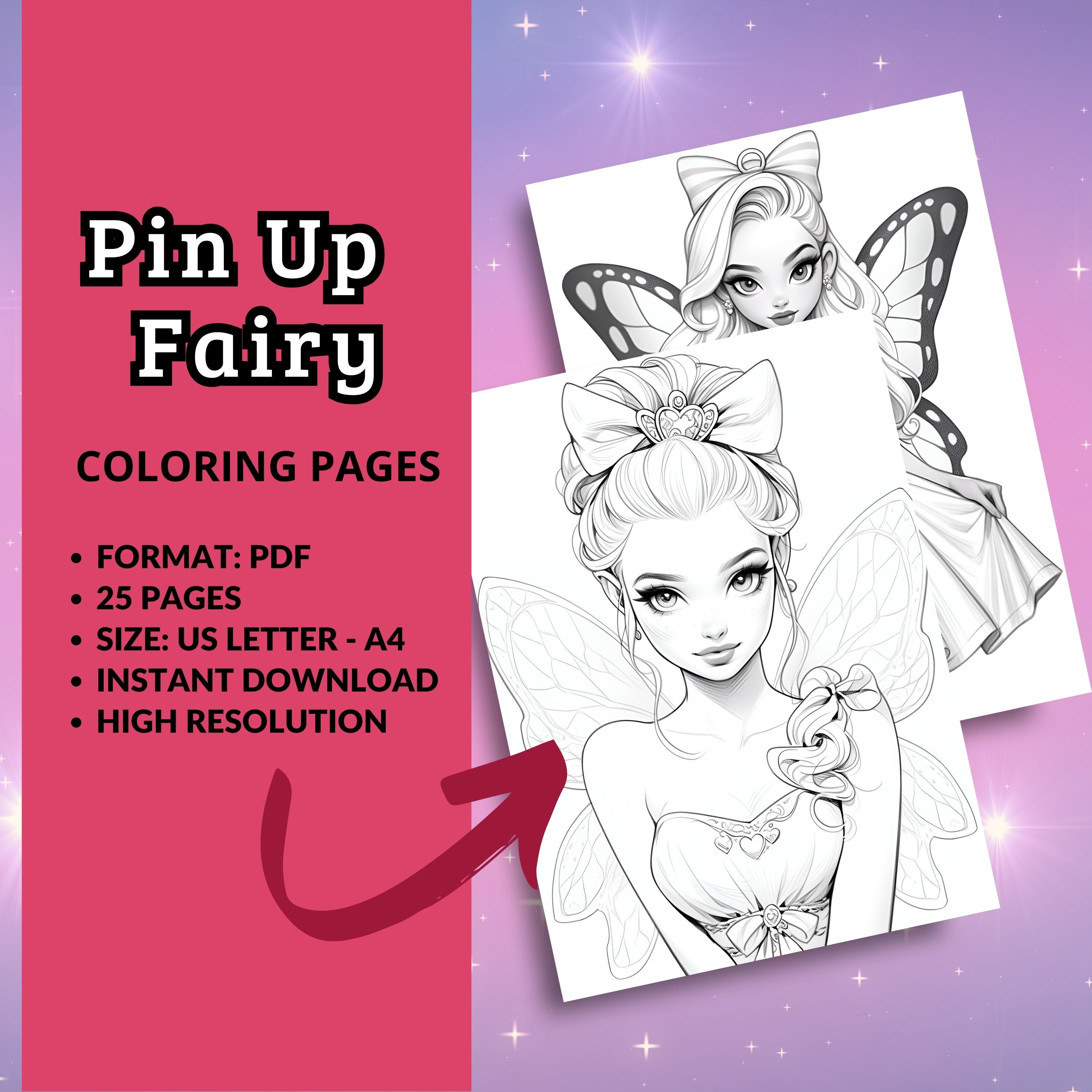PINUP FAIRIES - 25 Coloring Pages, Coloring Book for Adults and Kids ...