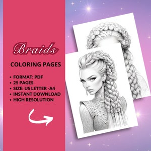 Hairstyles With Braids - 25 Coloring Pages, Coloring Book for Adults and Kids, Grayscale ...