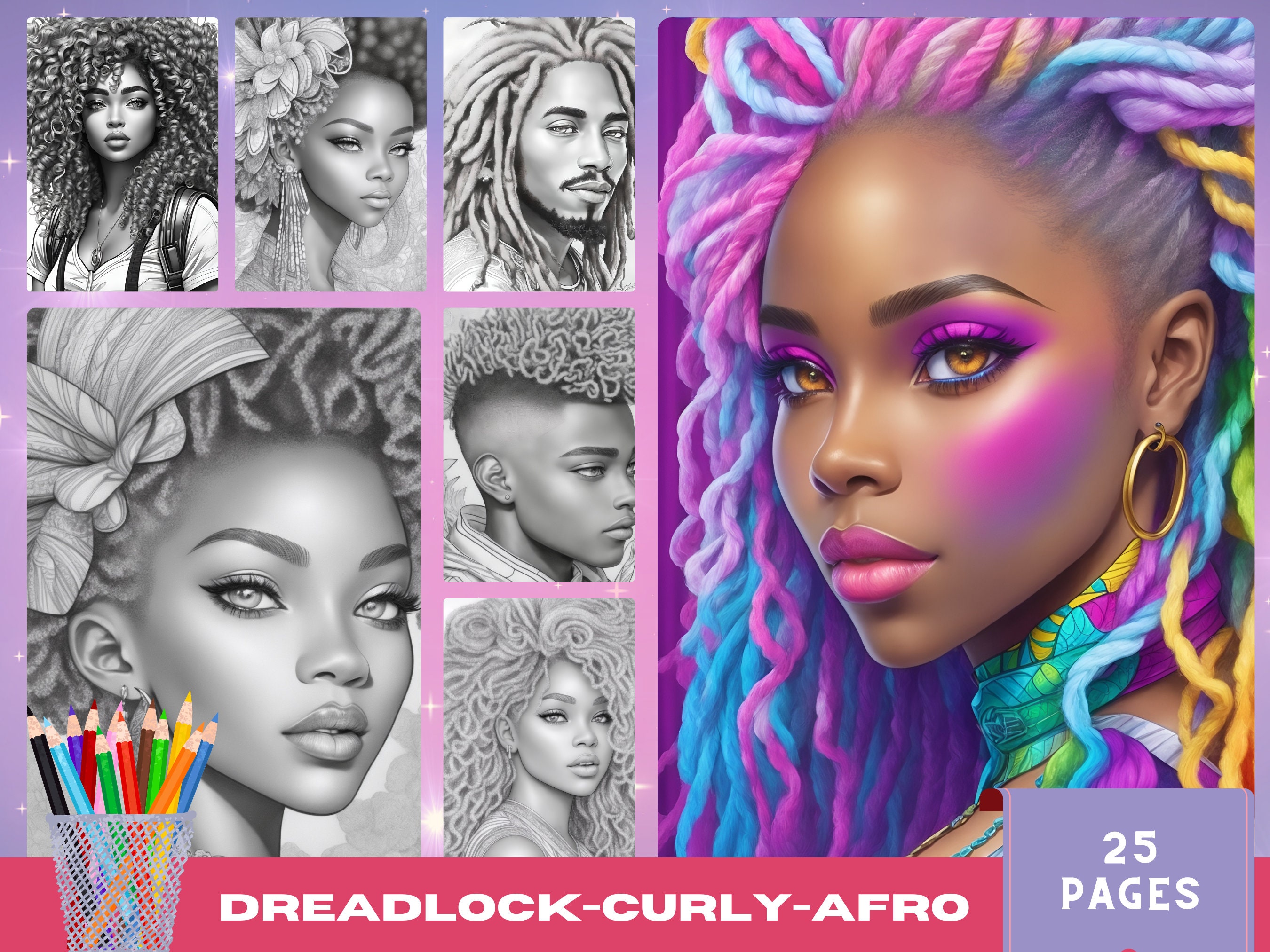 25 Coloring Pages, Afro, Curly, Dreadlock Style, Grayscale, Coloring ...