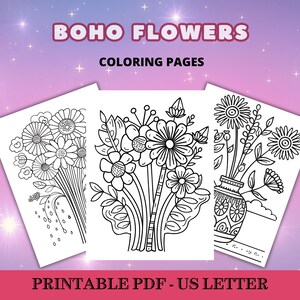 44 Coloring Pages, BOHO FLOWERS, Coloring Book for Adults and Kids ...