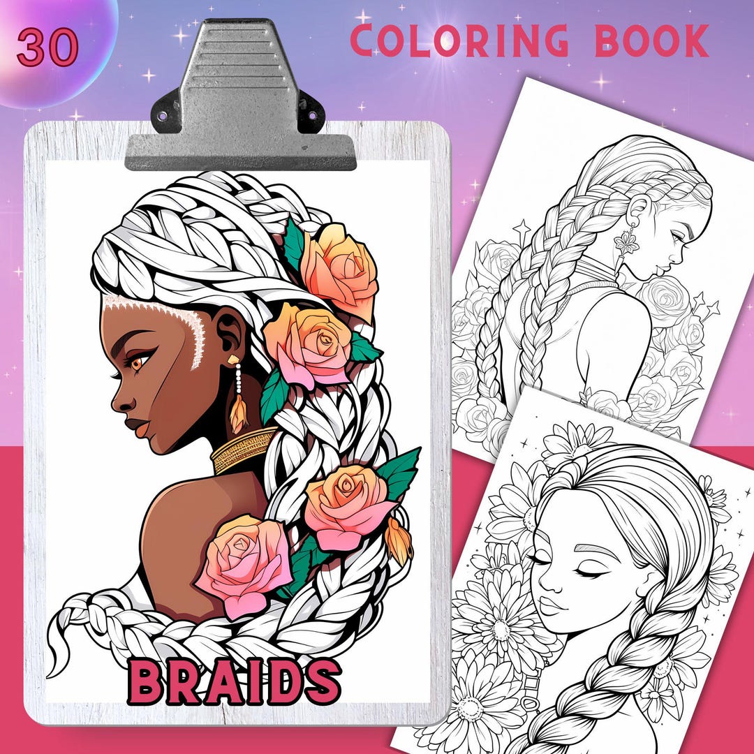 BRAIDS and DREADLOCKS Hairstyles Coloring Book, 30 Coloring Pages for ...