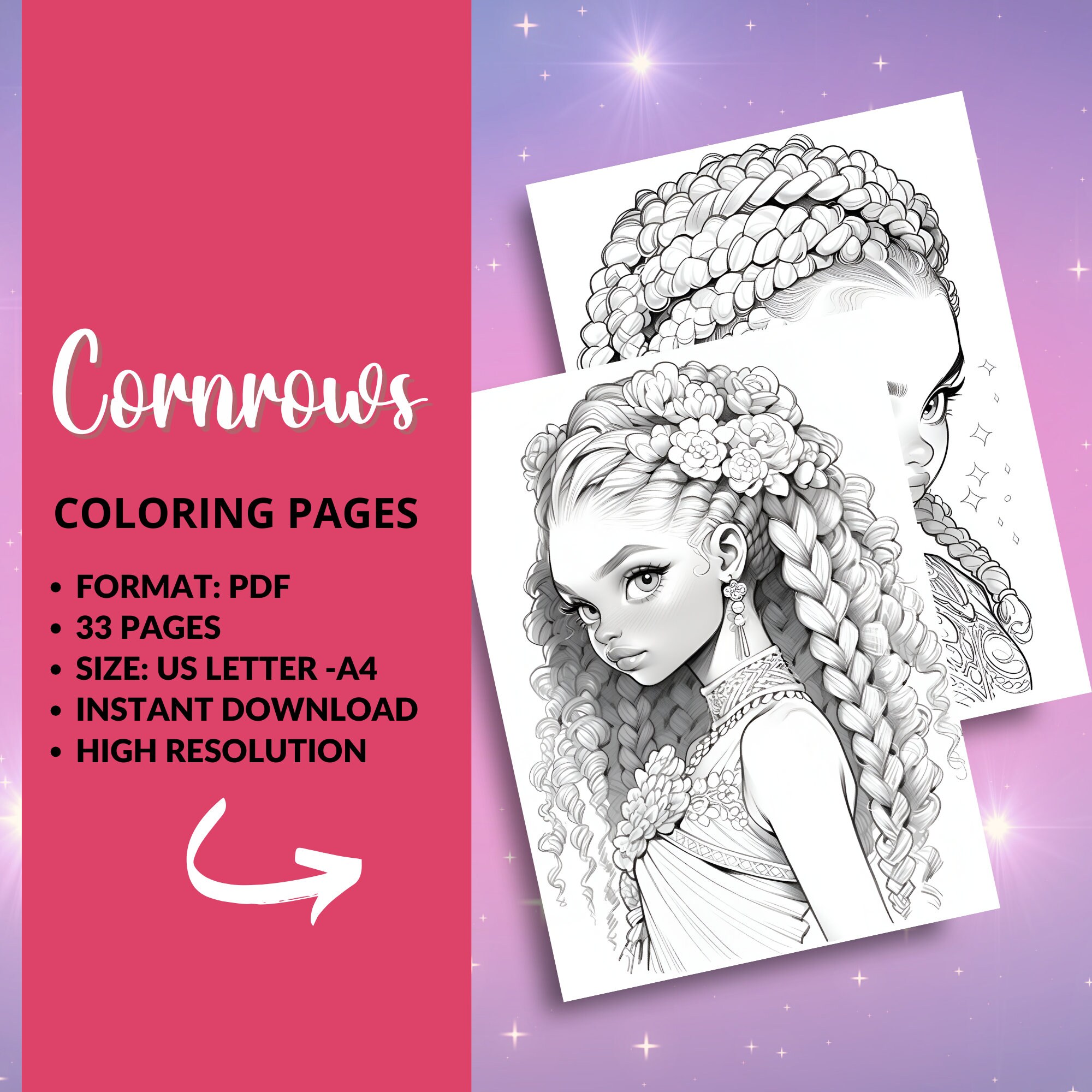 CORNROWS HAIRSTYLES - 33 Coloring Pages, Coloring Book for Adults and ...