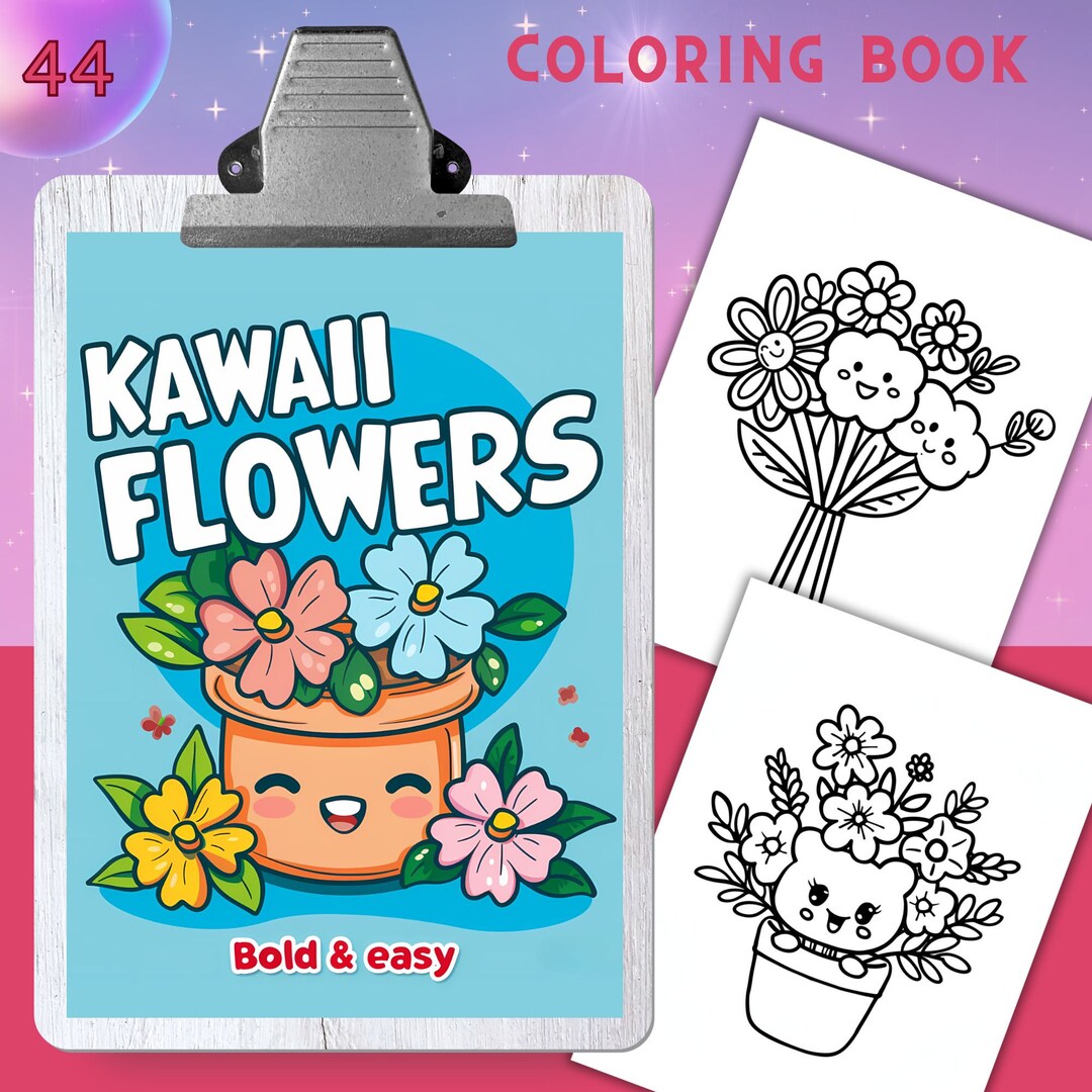 44 Coloring Pages, KAWAII FLOWERS, Coloring Book for Adults and Kids ...