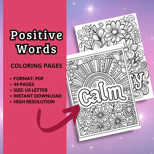 44 Coloring Pages, POSITIVE WORDS, Coloring Book for Adults ...