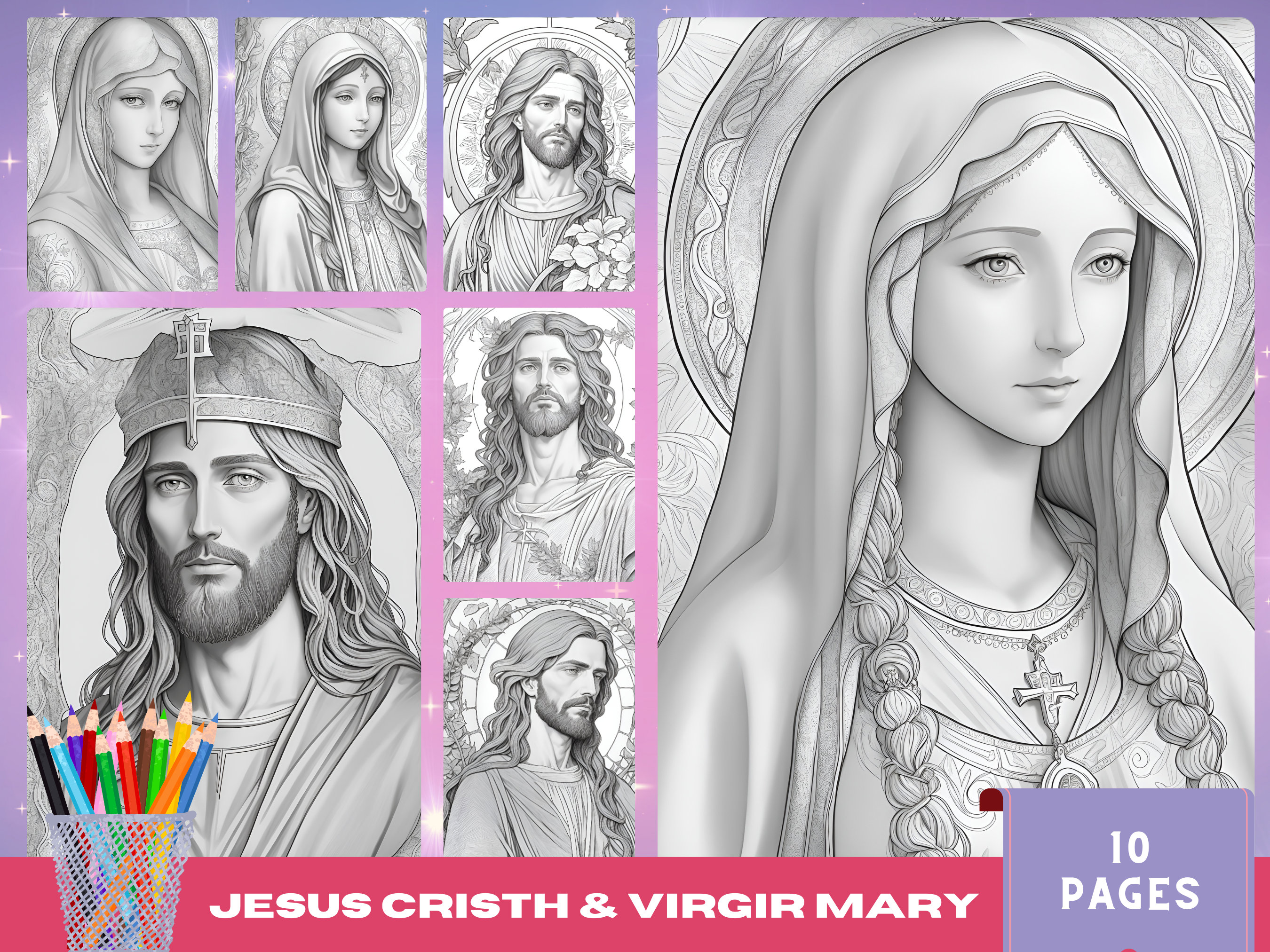 Jesus Christ & Virgin Mary 10 Coloring Pages, Coloring Book for Adults ...