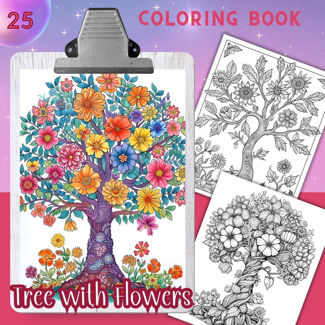 TREE With FLOWERS Coloring Book, 25 Coloring Pages for Adults, Coloring ...