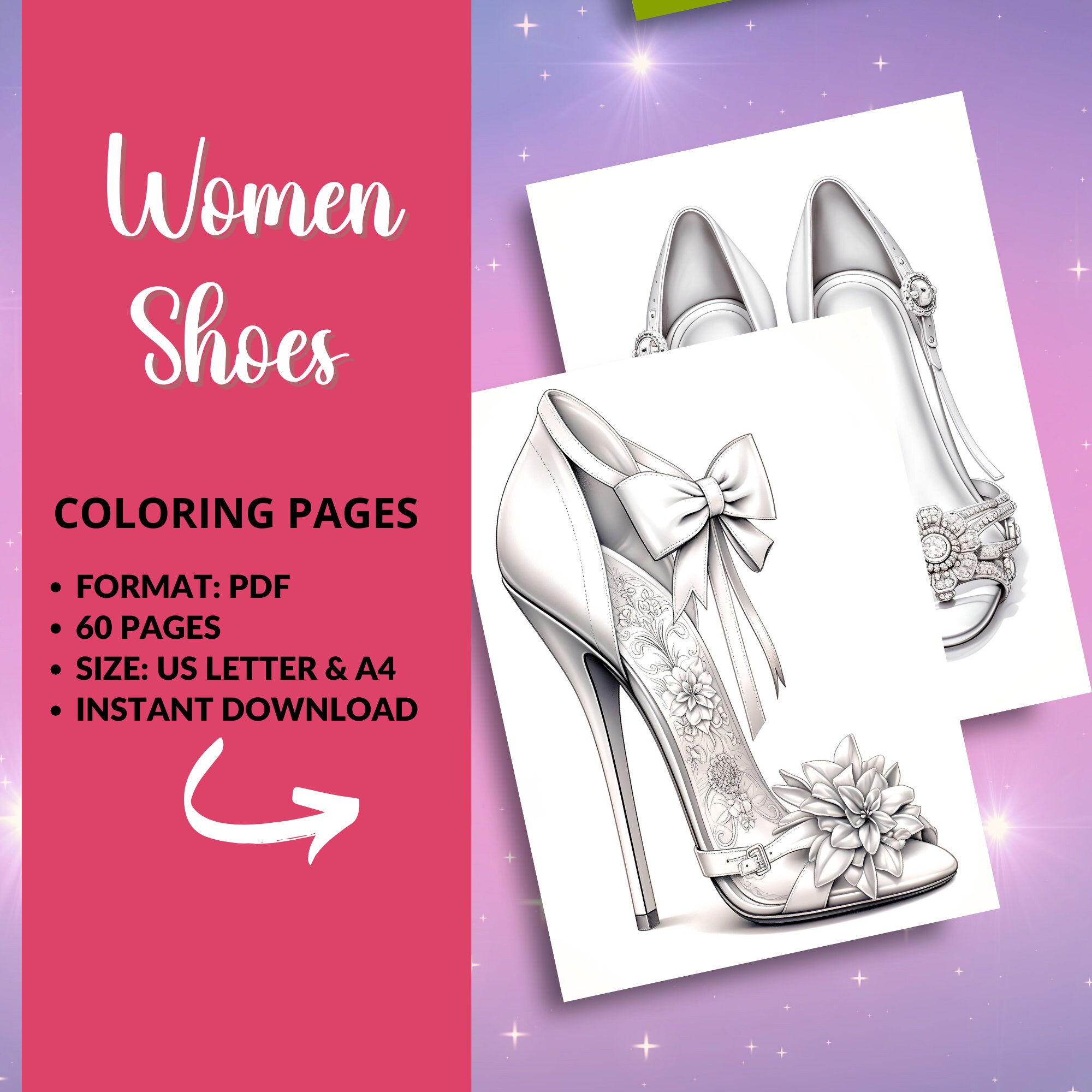 Women Shoes Coloring Book, 60 Coloring Pages, Coloring Book for Adults ...