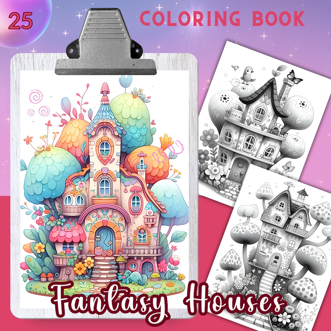 FANTASY HOUSES Coloring Book, 25 Coloring Pages for Adults and Kids ...