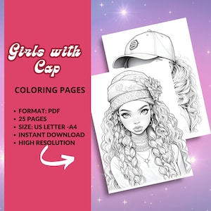 GIRLS With CAP Coloring Book, 25 Coloring Pages for Adults and Kids ...