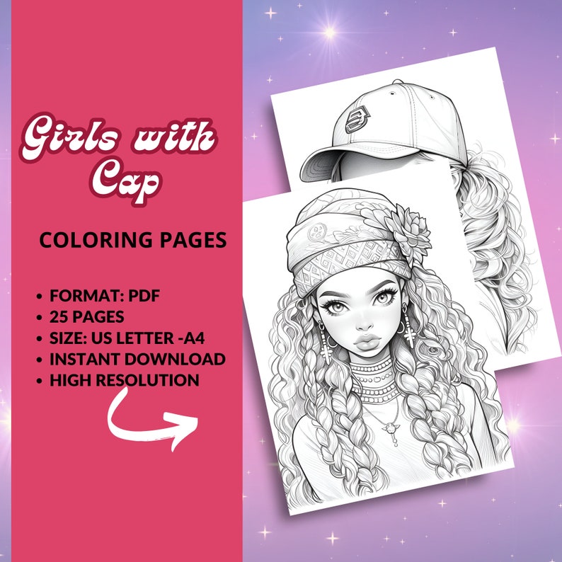 GIRLS With CAP Coloring Book, 25 Coloring Pages for Adults and Kids ...