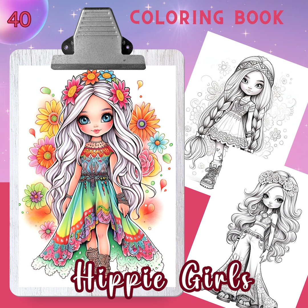 HIPPIE GIRLS, 40 Coloring Pages, Coloring Book for Adults and Kids ...