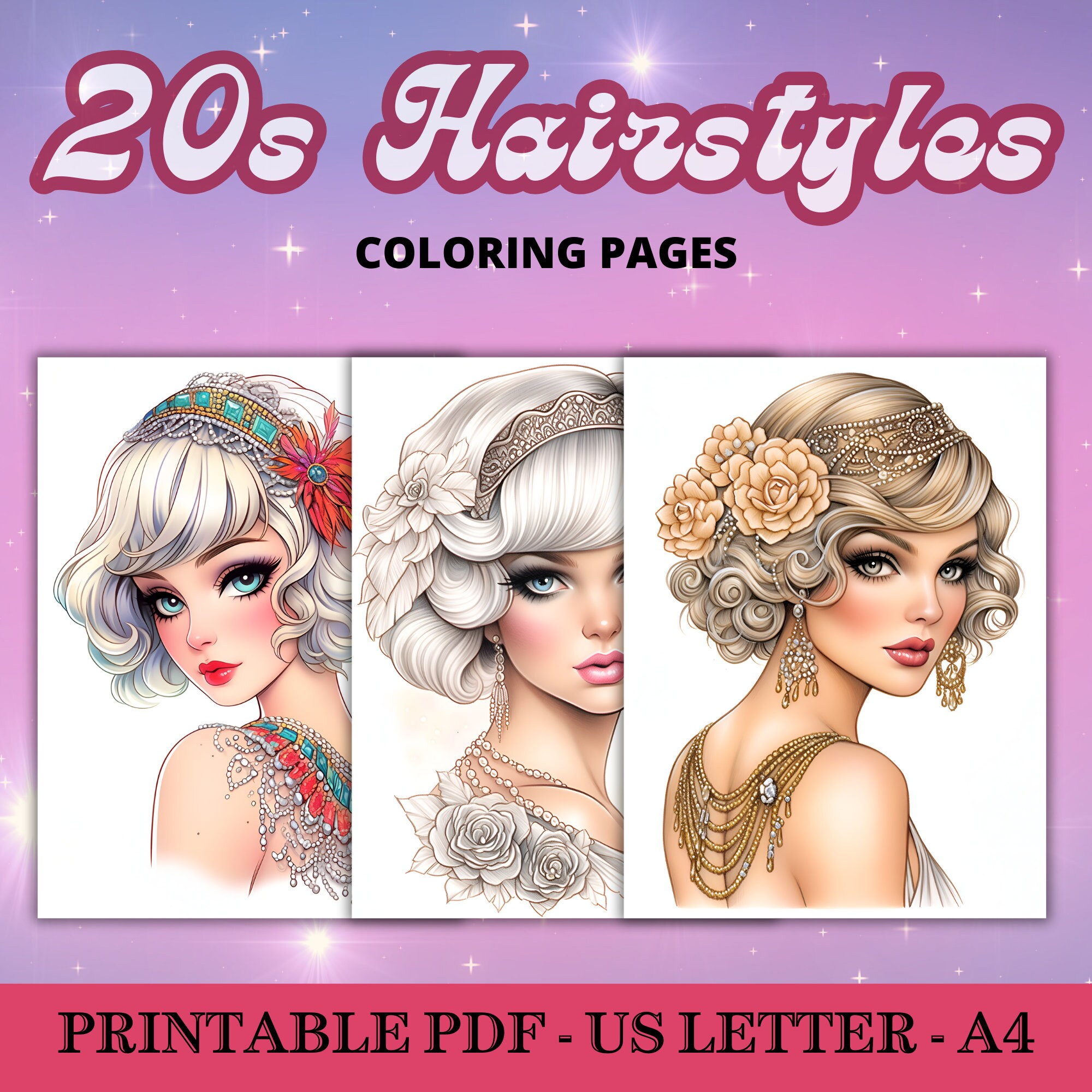 20s HAIRSTYLES - 25 Coloring Pages, Coloring Book for Adults and Kids ...