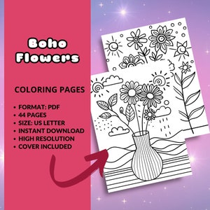 44 Coloring Pages, BOHO FLOWERS, Coloring Book for Adults and Kids ...