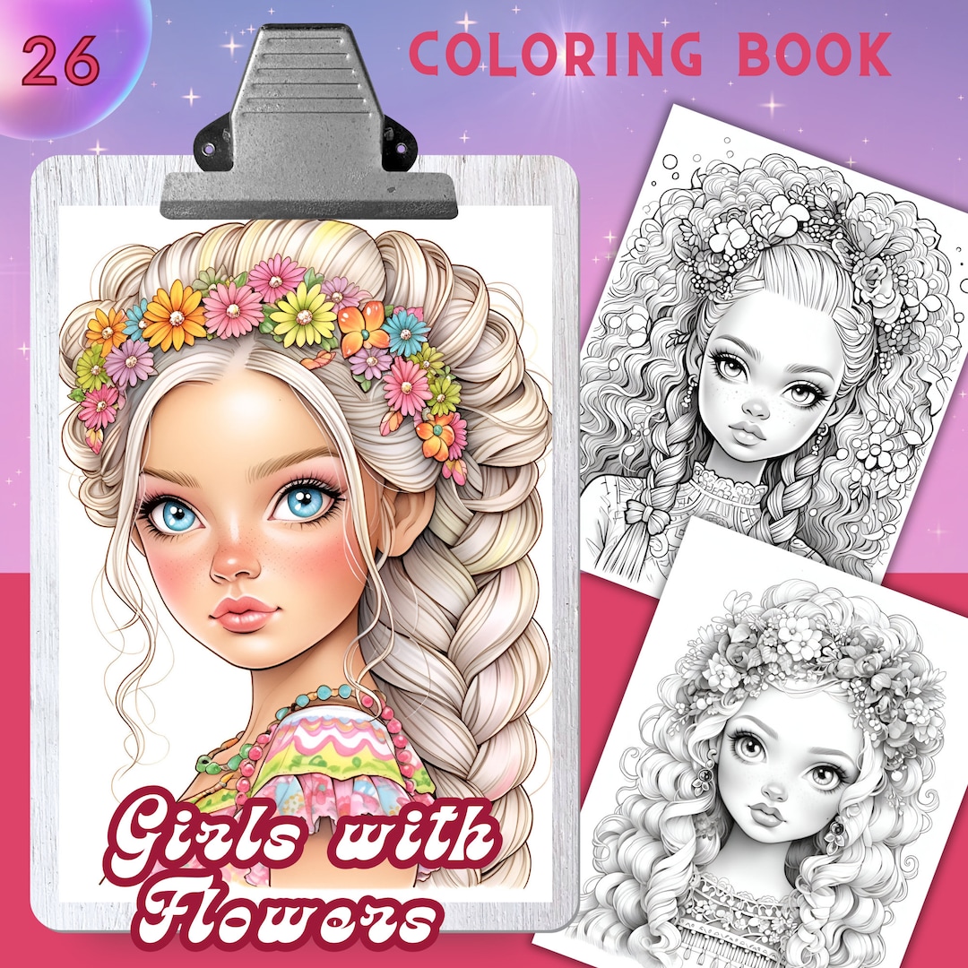 GIRLS With FLOWERS Coloring Pages, 26 Coloring Book for Adults and Kids ...