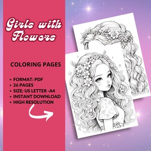 GIRLS With FLOWERS Coloring Pages, 26 Coloring Book for Adults and Kids ...