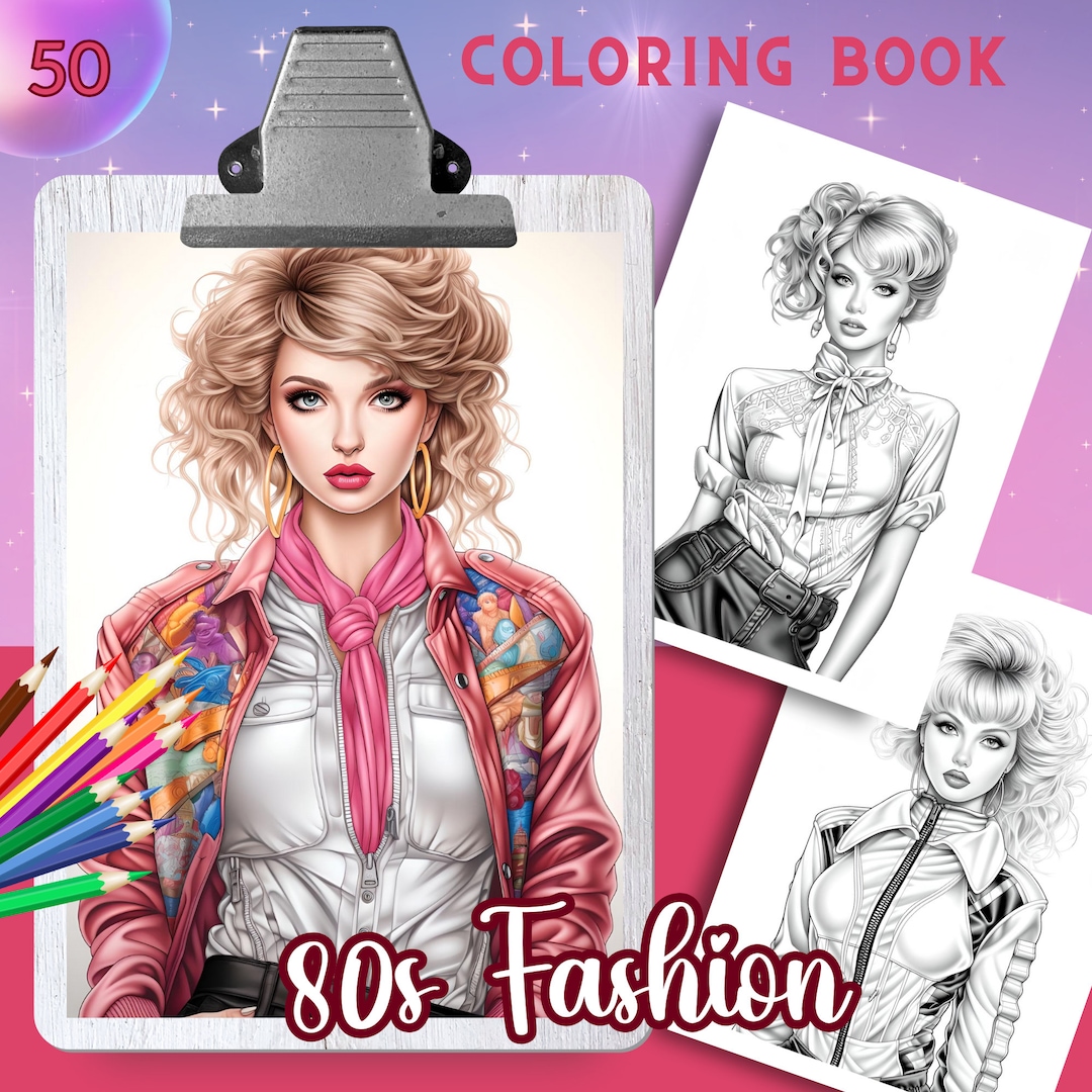 80s Fashion, 50 Coloring Pages, Coloring Book for Adults, Grayscale ...