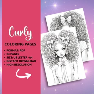 CURLY HAIRSTYLES - 34 Coloring Pages, Coloring Book for Adults and Kids ...