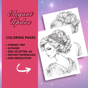 ELEGANT UPDOS - 24 Coloring Pages, Coloring Book for Adults and Kids ...