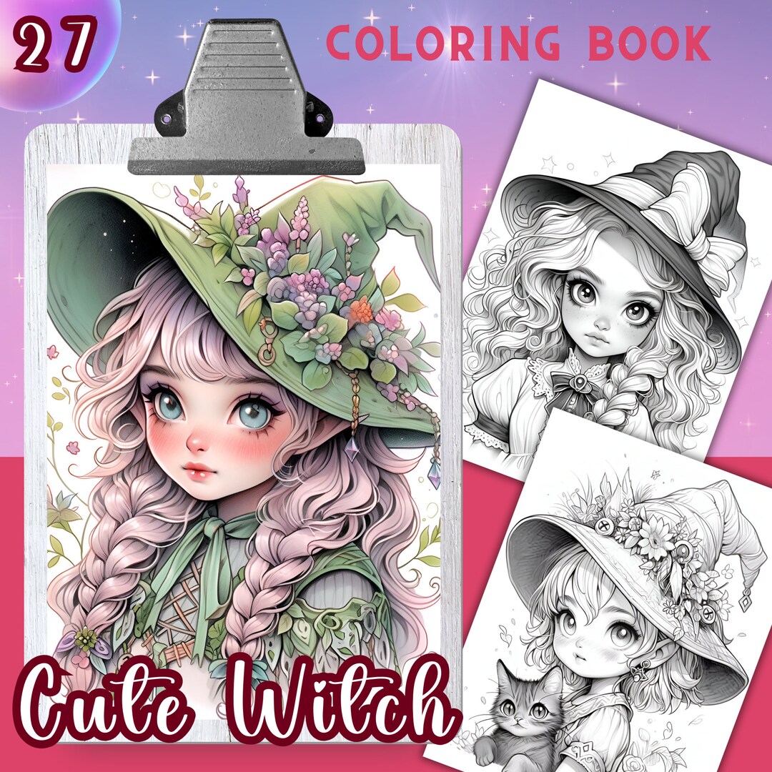CUTE WITCH, 27 Coloring Pages, Coloring Book for Adults and Kids, 8 ...