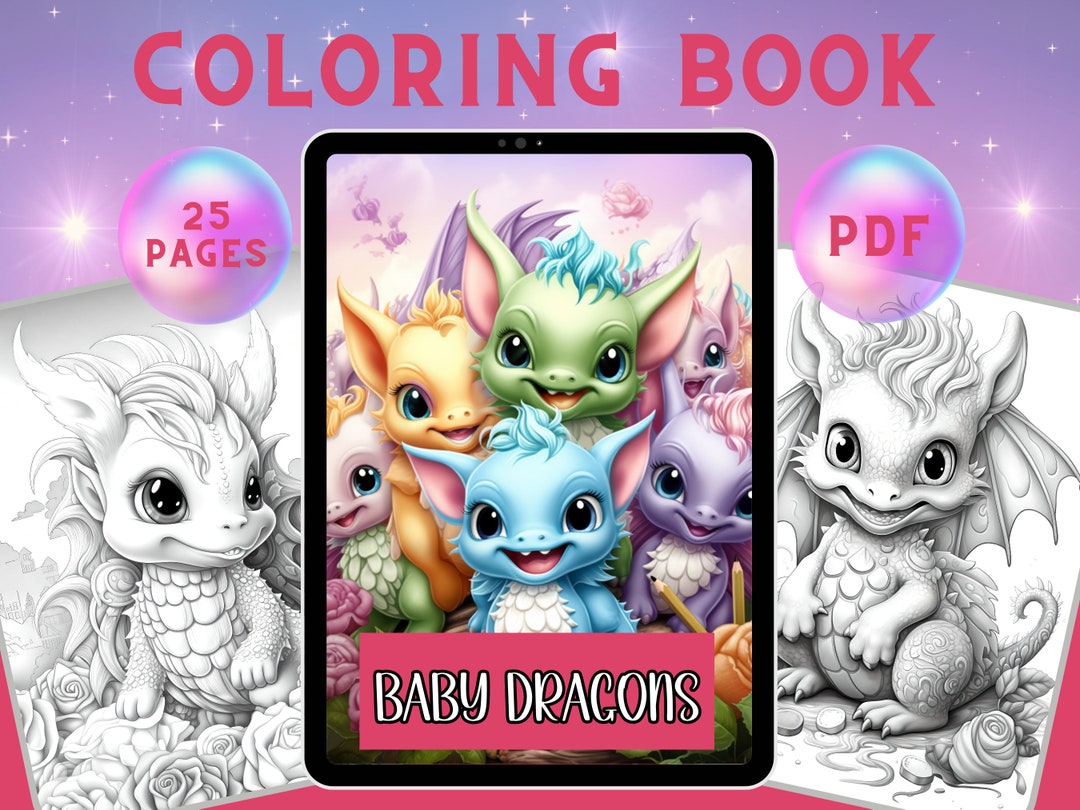 25 Baby Dragons Printable Adult Coloring Book, Cute Dragon Coloring PDF ...