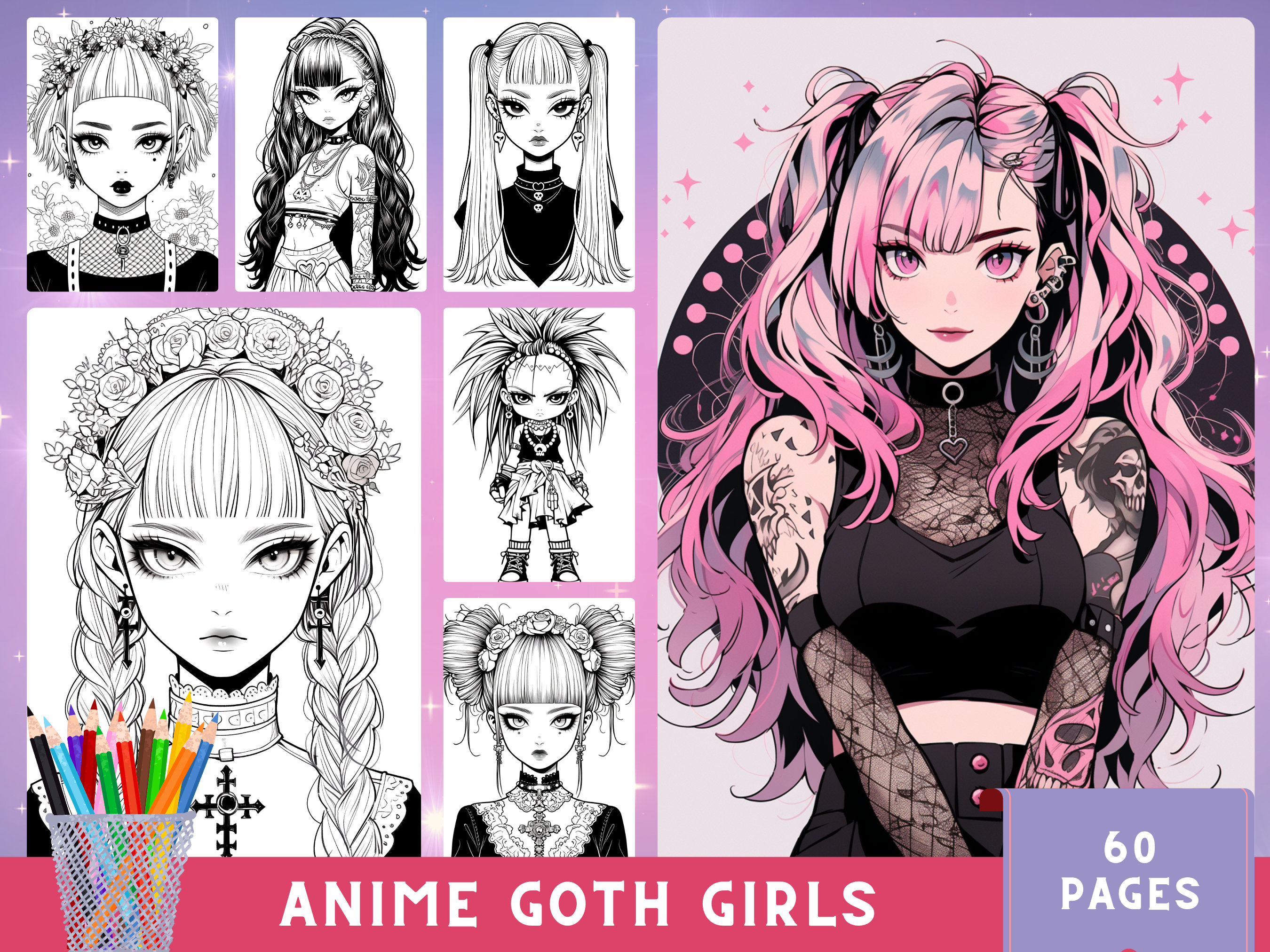 Anime Goth Girls Coloring Book, 60 Coloring Pages for Adults and Kids ...