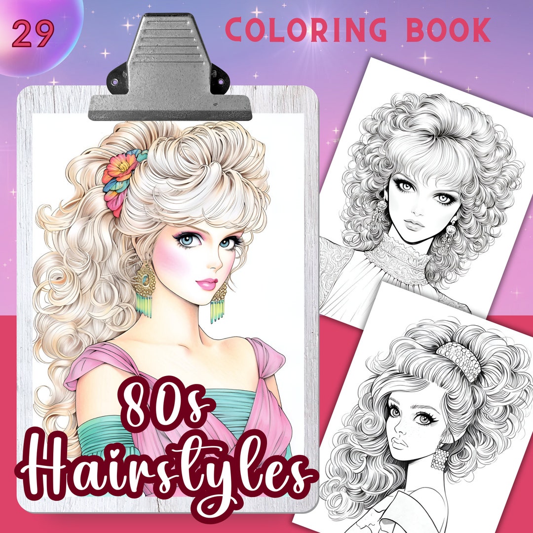 80s HAIRSTYLES, 29 Coloring Pages, Coloring Book for Adults, Grayscale ...