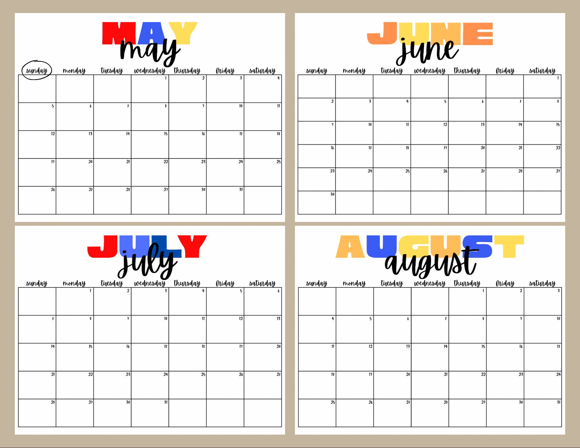 2024 Calendar With Color 2024 Monthly Planner Landscape Simple Color ...