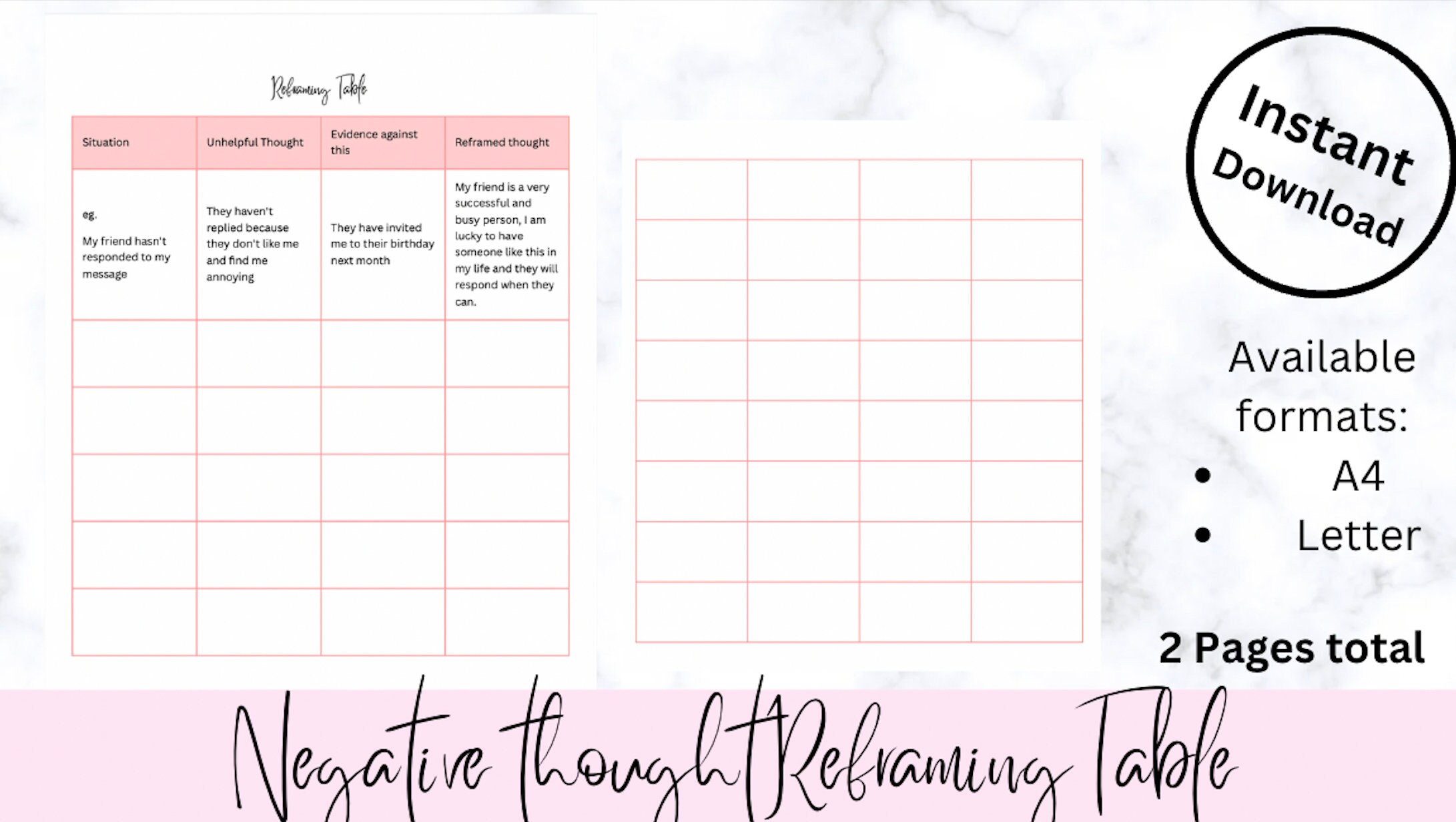 Negative Thought Reframing Table Worksheet - Etsy