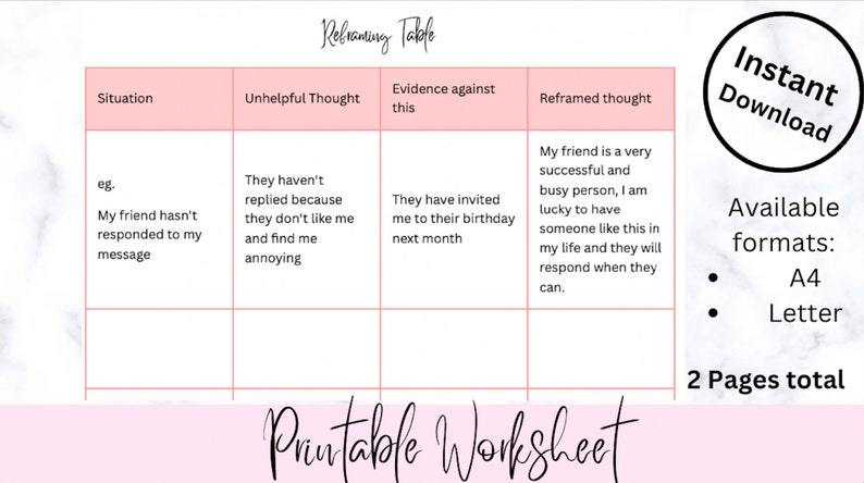 Negative Thought Reframing Table Worksheet - Etsy