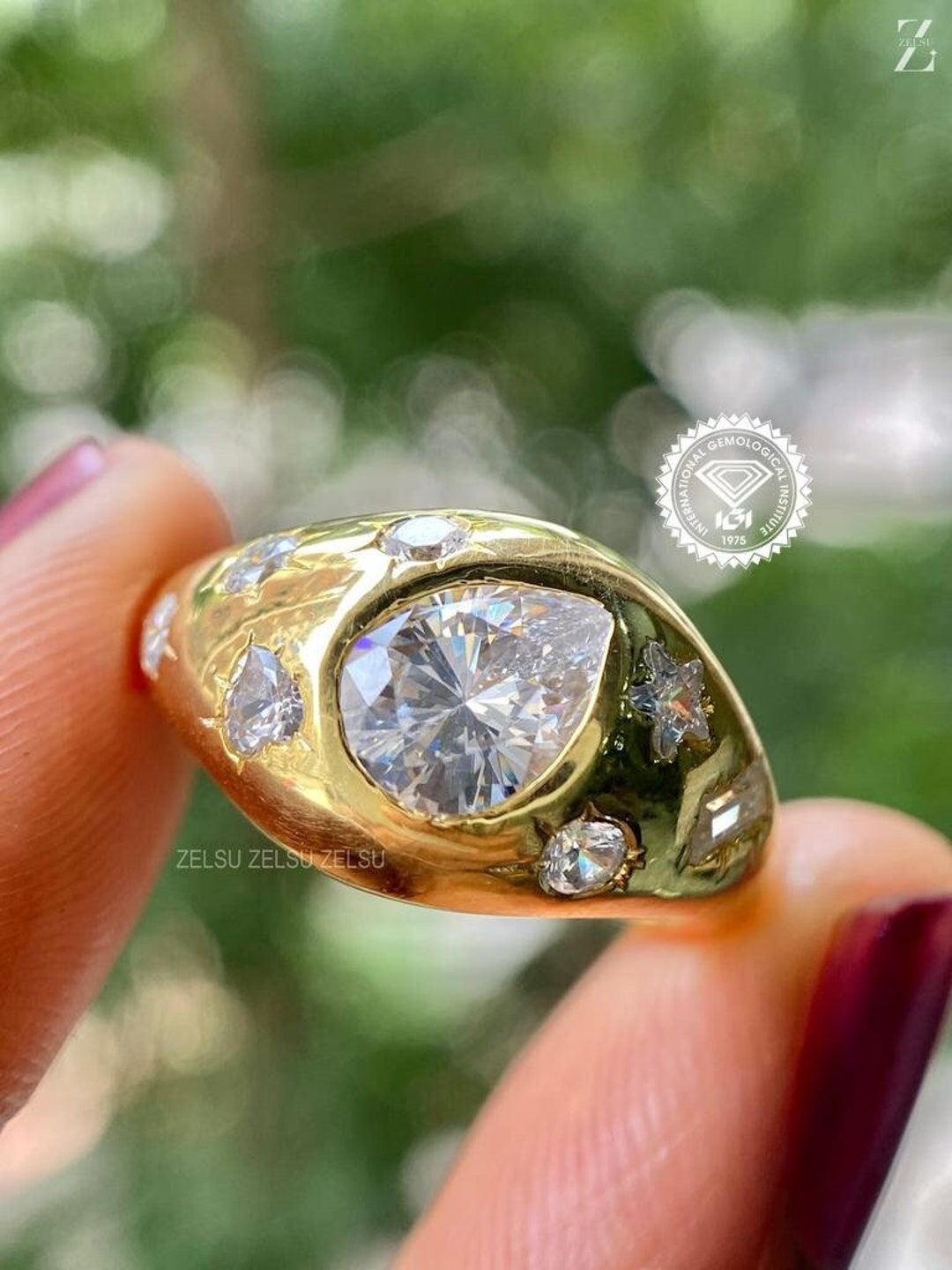 2.04 TCW Pear Cut Engagement Ring, Lab Created Flush Set Ring, Star ...