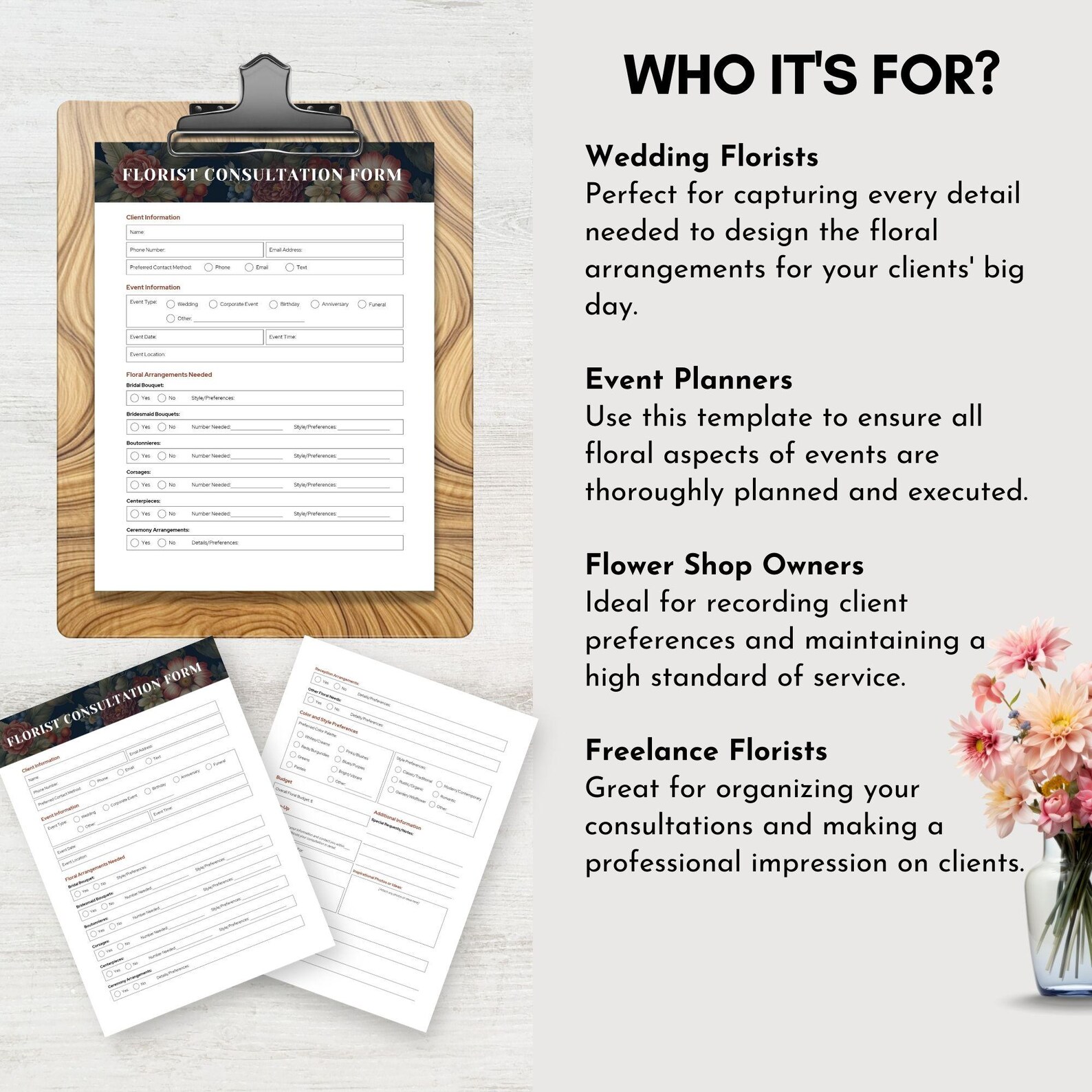Florist Consultation Template Order Forms Florist Booking Form Flower ...